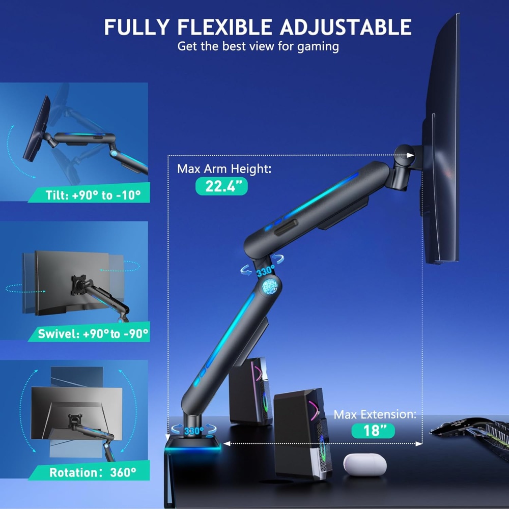 Full Motion Monitor Arm Stand Suspension LCD Desktop Bracket RGB LED ...